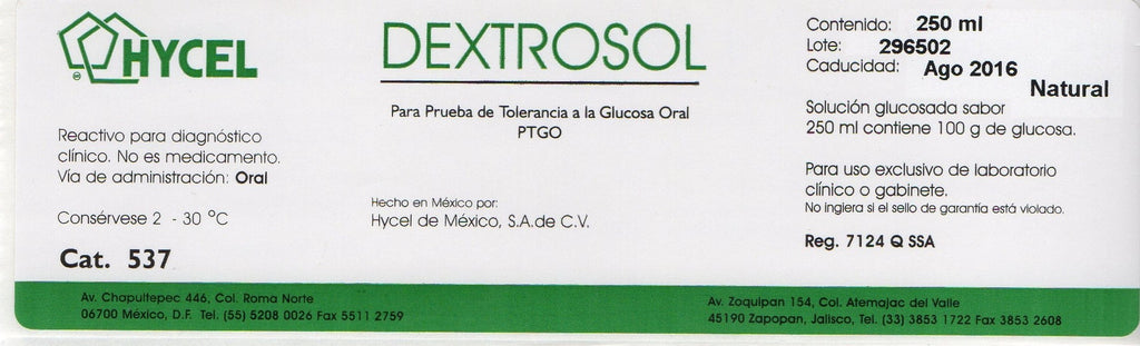 DEXTROSOL Prueba de tolerancia a la glucosa 100grms/250 ml Natural. li ...